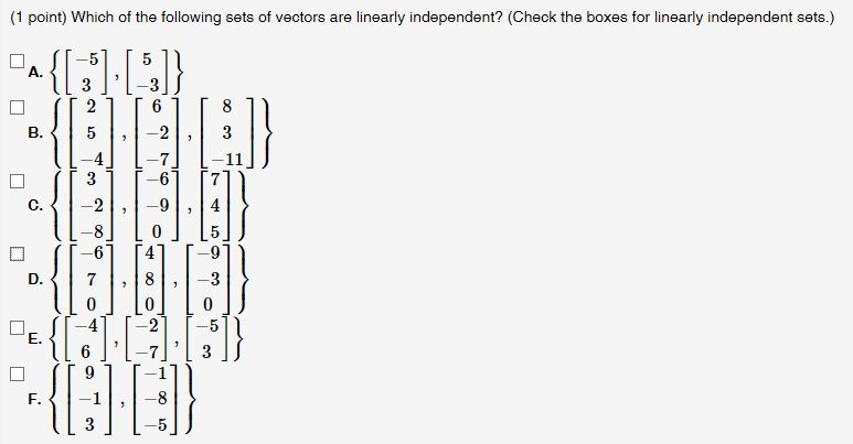 Solved (1 point) Which of the following sets of vectors are | Chegg.com