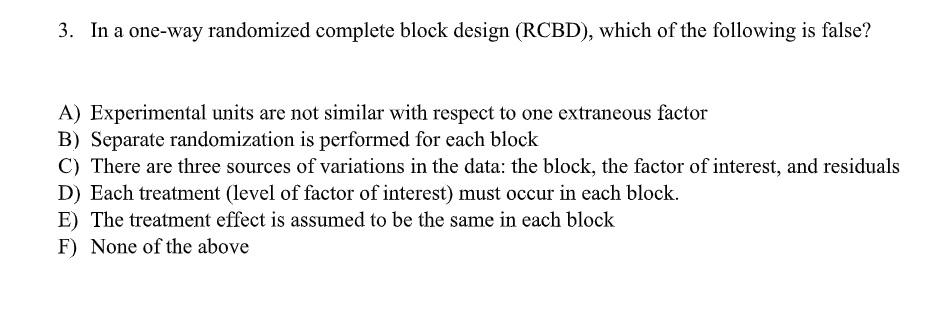 Solved 3. In a one-way randomized complete block design | Chegg.com