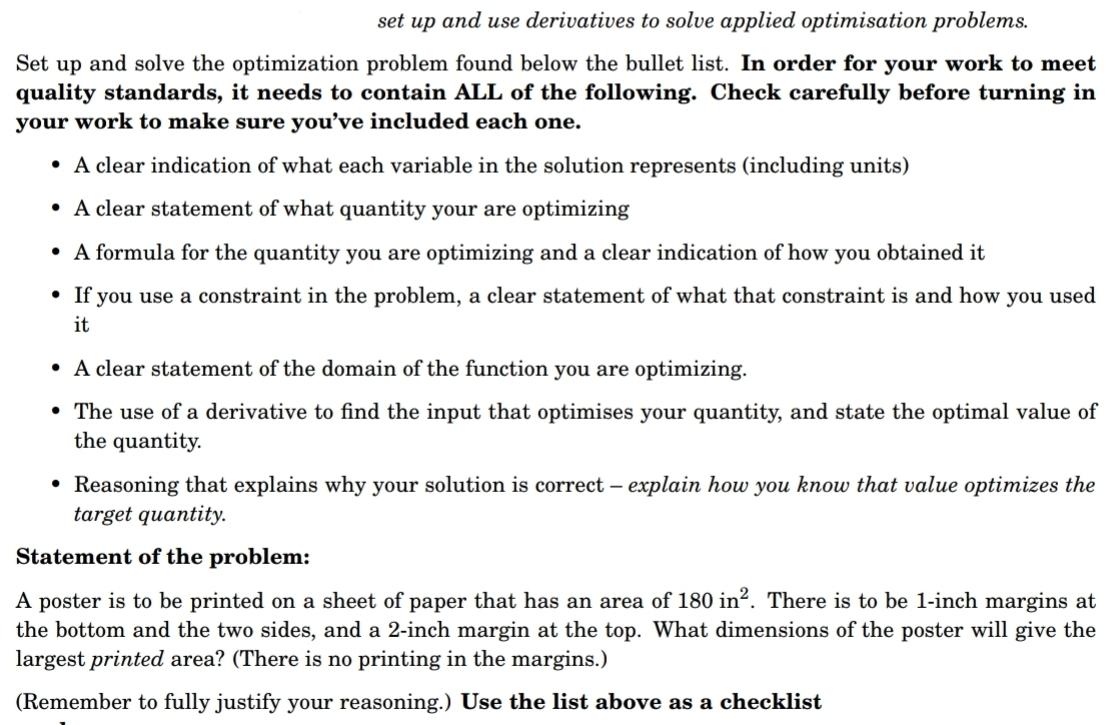 Solved set up and use derivatives to solve applied | Chegg.com