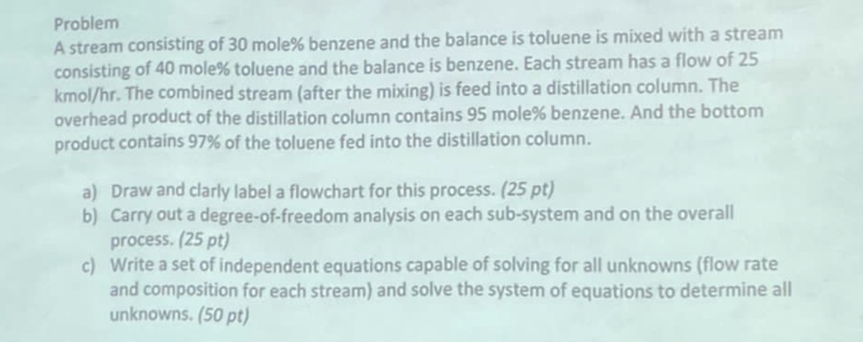 Solved ProblemA stream consisting of 30 ﻿mole% ﻿benzene and | Chegg.com