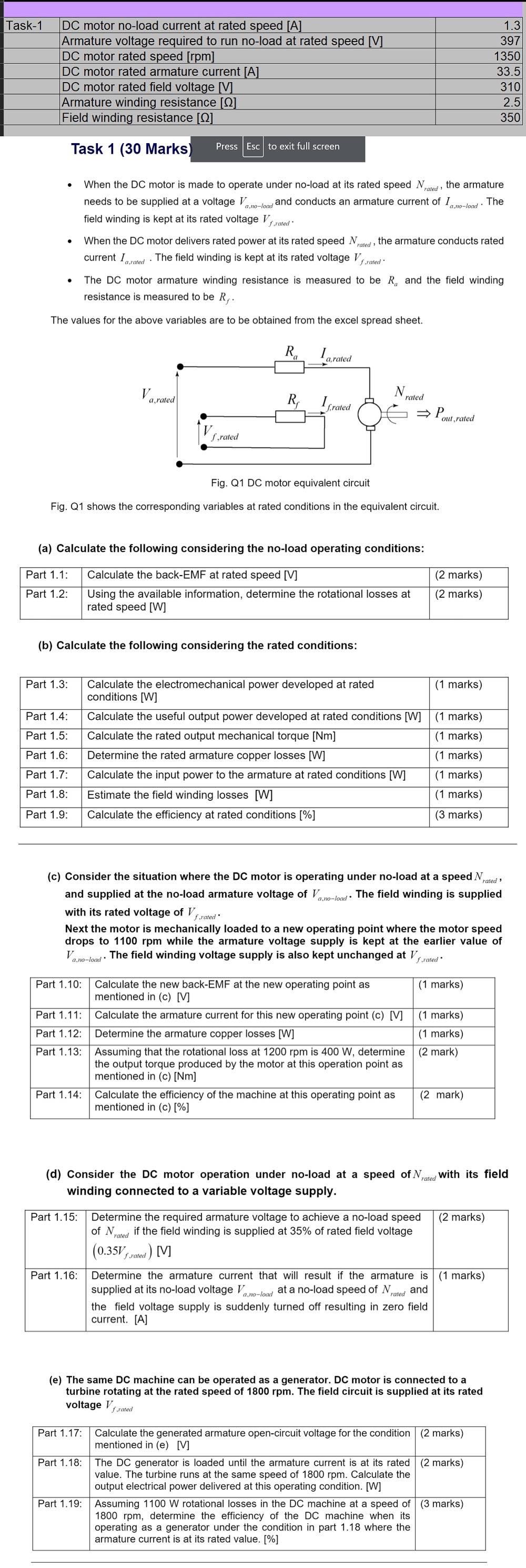 Solved Task-1 DC motor no-load current at rated speed [A] | Chegg.com