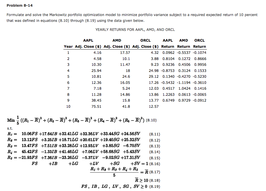 Problem 8-14 Formulate and solve the Markowitz | Chegg.com