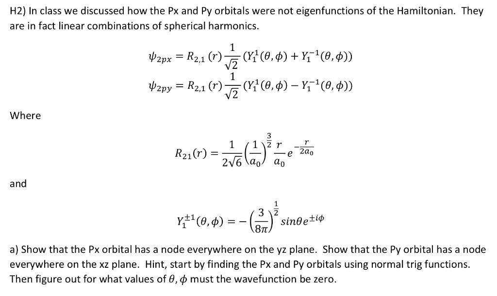 Solved H2 In Class We Discussed How The Px And Py Orbitals 