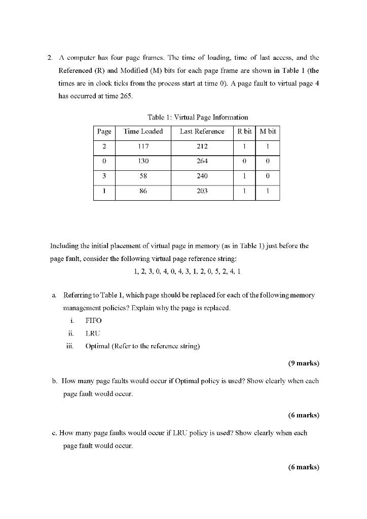 Solved 2. A computer has four page frames. The time of | Chegg.com