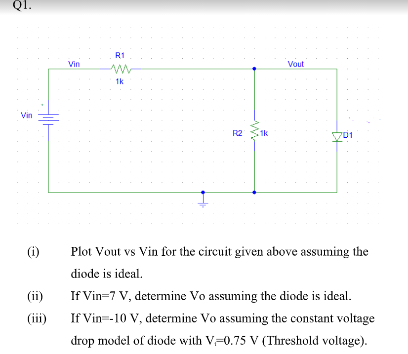 Solved 01. R1 Vin Vout 1k Vin w R2 1k 7D1 (i) Plot Vout vs | Chegg.com