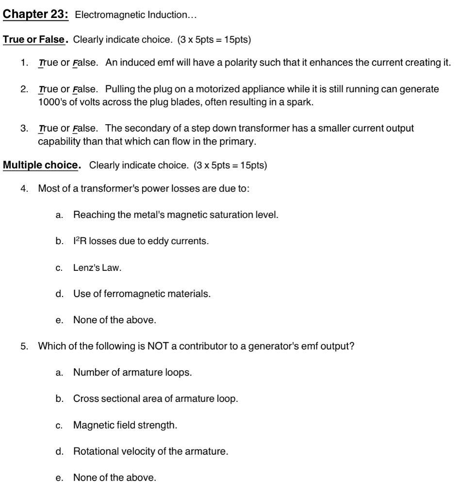 Solved Chapter 23: Electromagnetic Induction... True or | Chegg.com