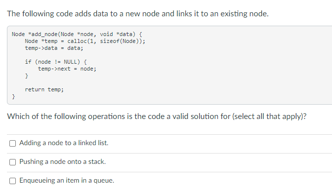 Solved The following code adds data to a new node and links | Chegg.com