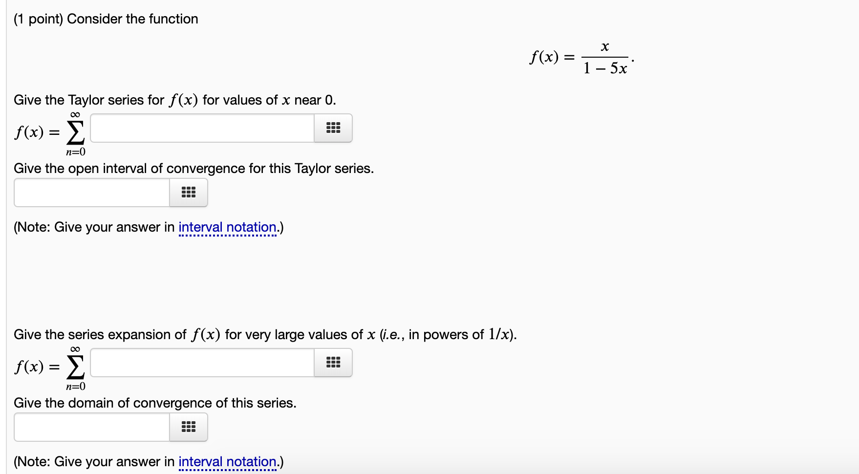 Solved (1 point) Consider the function х f(x) = ܢ 1 – 5x o | Chegg.com