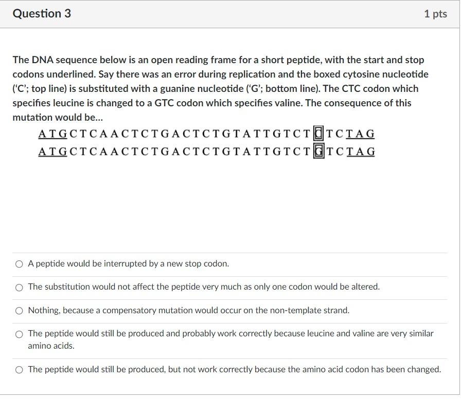 Solved Question 3 1 pts The DNA sequence below is an open | Chegg.com