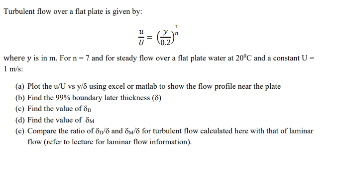 Solved Turbulent flow over a flat plate is given by: 𝑢 𝑈 = | Chegg.com