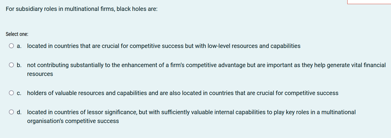 Solved For subsidiary roles in multinational firms, black | Chegg.com