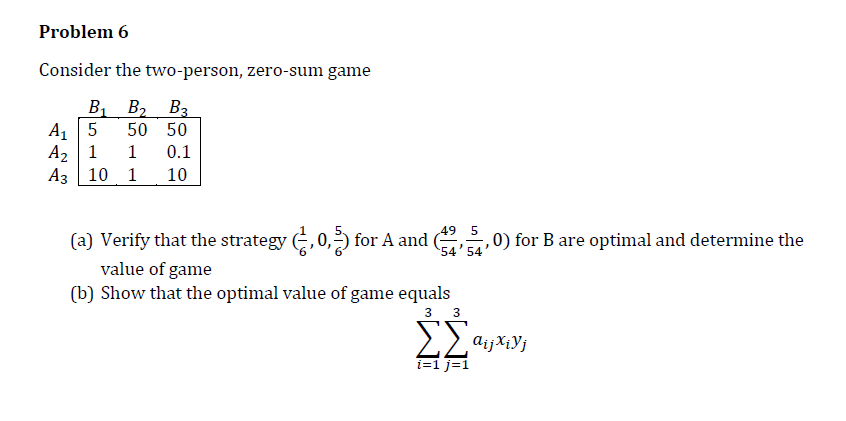 Solved Problem 6 Consider the two-person, zero-sum game B, | Chegg.com