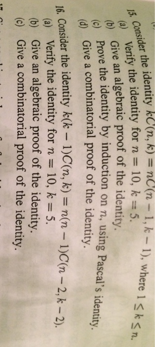 Solved Consider the identity kC (n, k) = nC(n - 1, k - 1), | Chegg.com