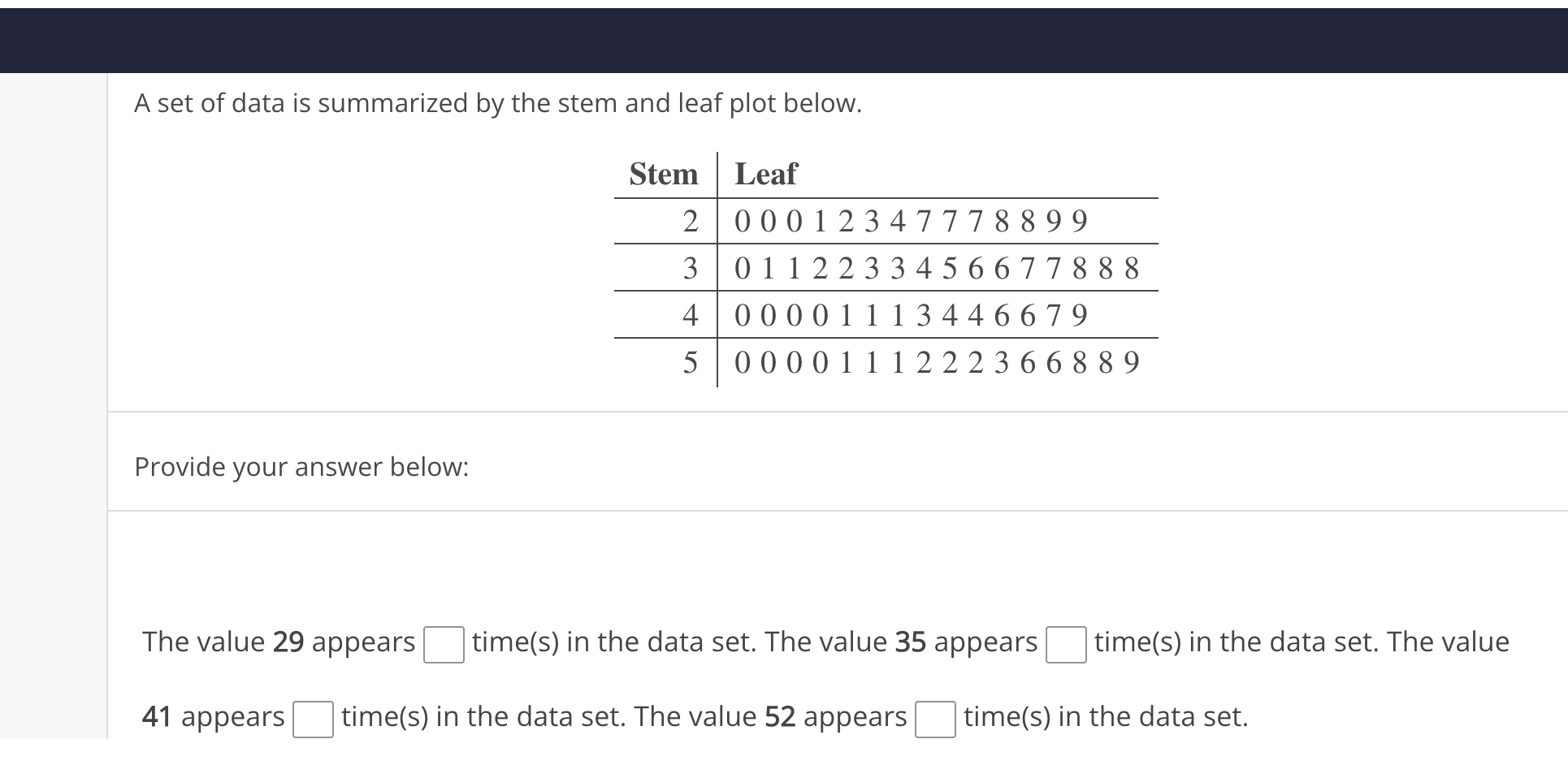 Solved A set of data is summarized by the stem and leaf plot | Chegg.com