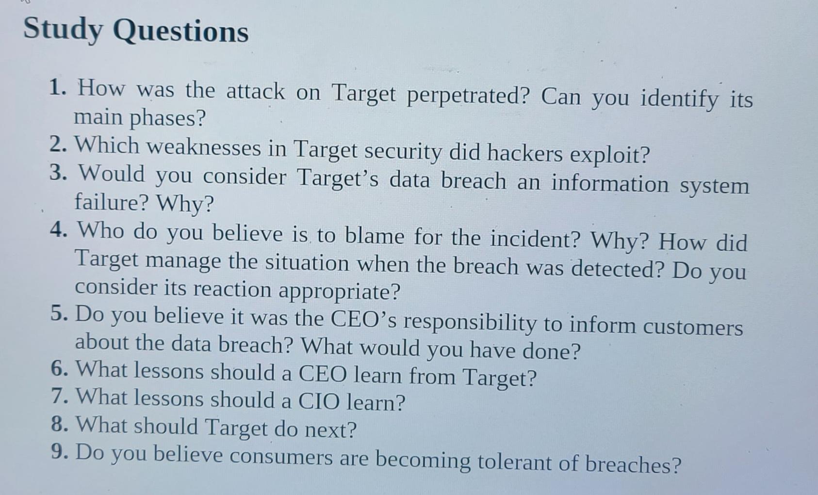 Solved Study Questions 1. How was the attack on Target | Chegg.com