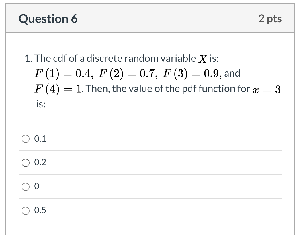 Solved Question 6 2 pts 1. The cdf of a discrete random | Chegg.com