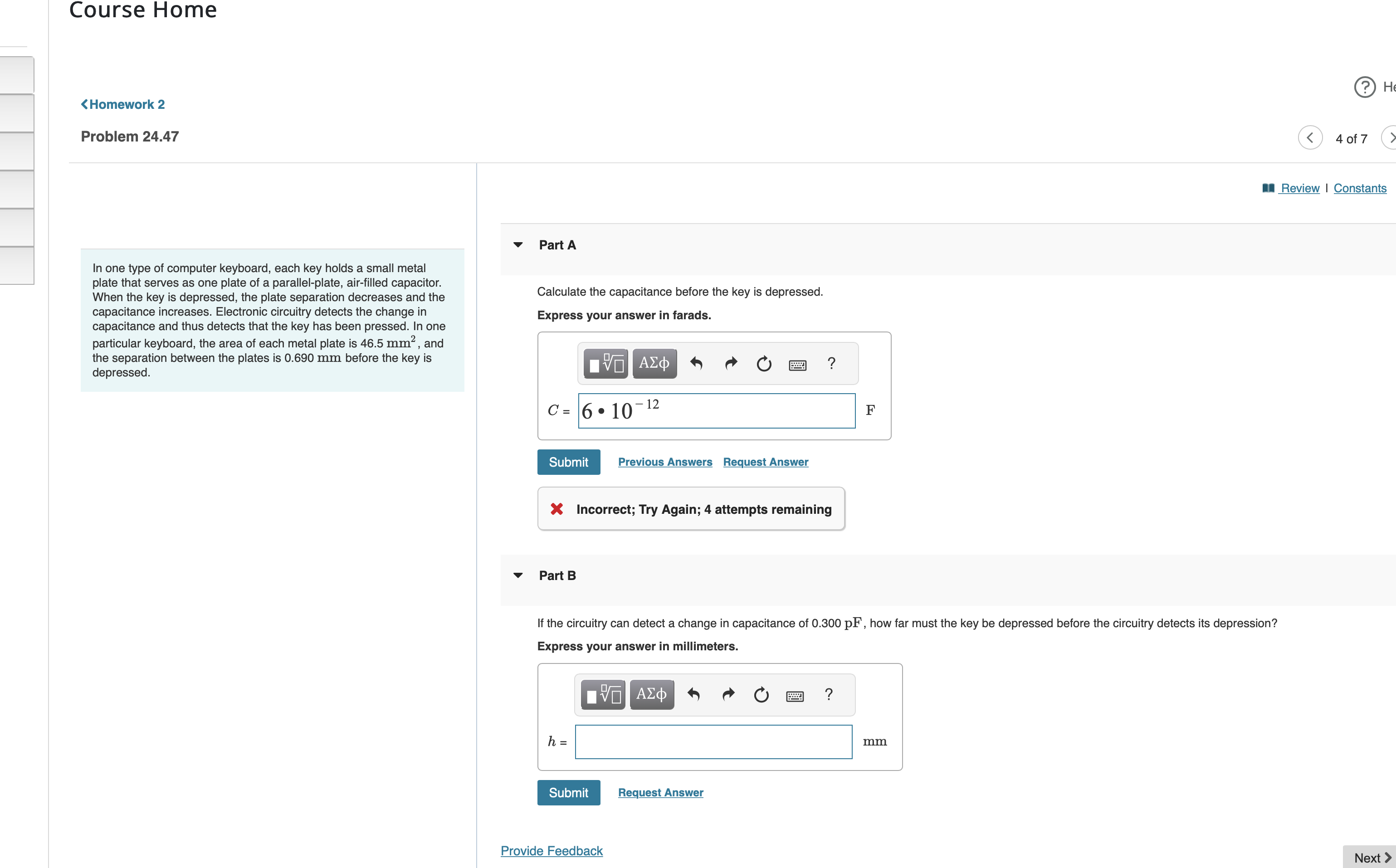 Solved Course Home 46.5 mm2, and the separation between the | Chegg.com