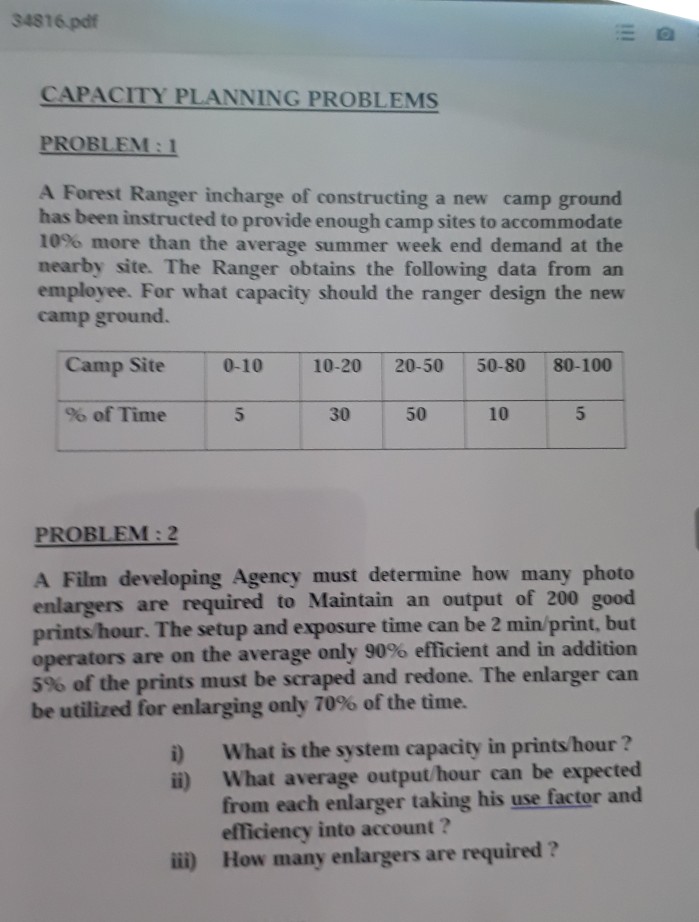 Solved 34816.pdf CAPACITY PLANNING PROBLEMS PROBLEM:1 A | Chegg.com