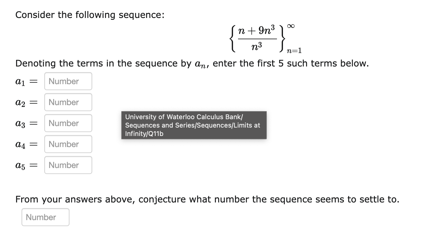 Solved Consider the following sequence: {n3n+9n3}n=1∞ | Chegg.com
