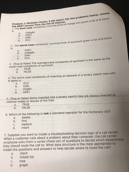 Solved oose Problem 1 (Multiple Choice, 2 pts each): For the | Chegg.com