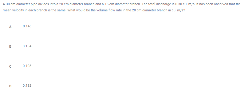 Solved A 30 cm diameter pipe divides into a 20 cm diameter | Chegg.com
