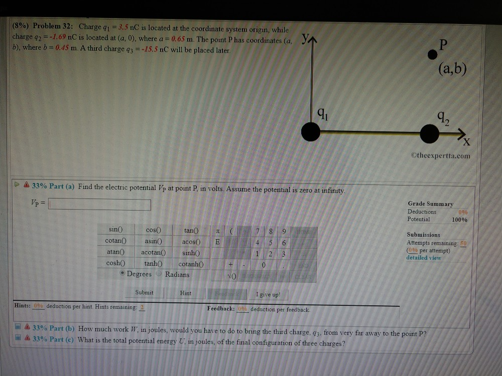 Solved (8%) Problem 32: Charge q1 = 3.5 nC is located at the | Chegg.com