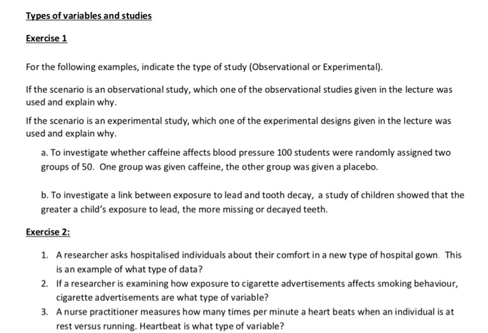 Solved Types of variables and studies Exercise 1 For the | Chegg.com
