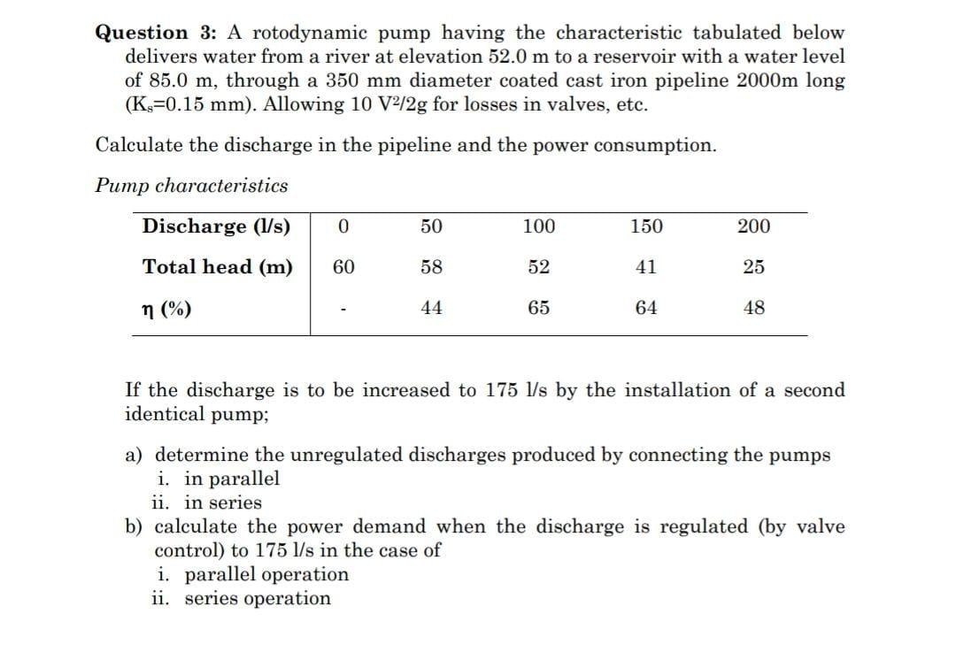Solved Question 3: A rotodynamic pump having the | Chegg.com