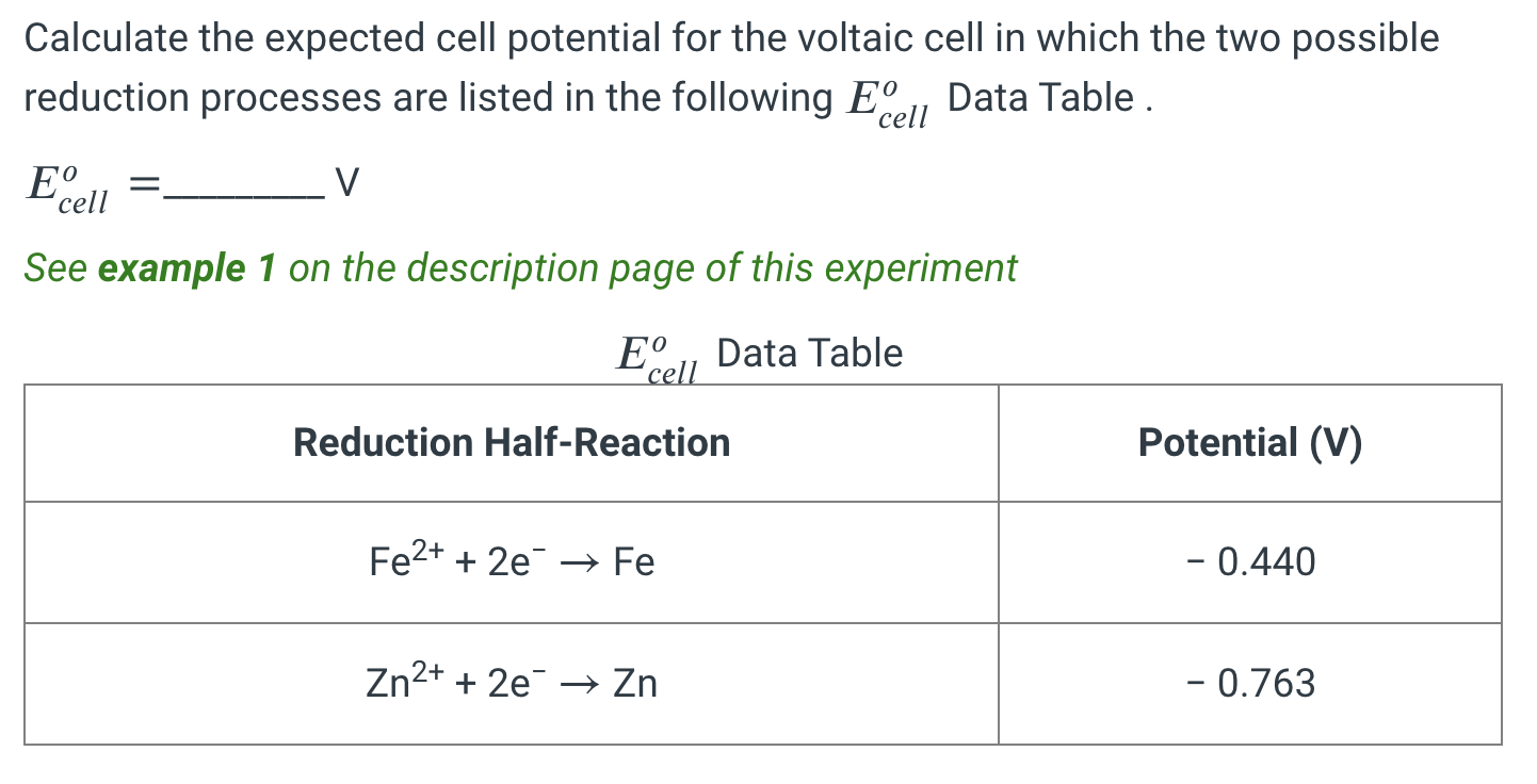 Solved Calculate The Expected Cell Potential For The Voltaic