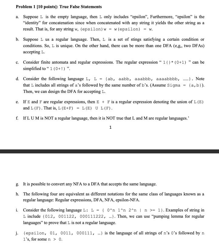 Solved Problem 1 [10 points]: True False Statements a. | Chegg.com