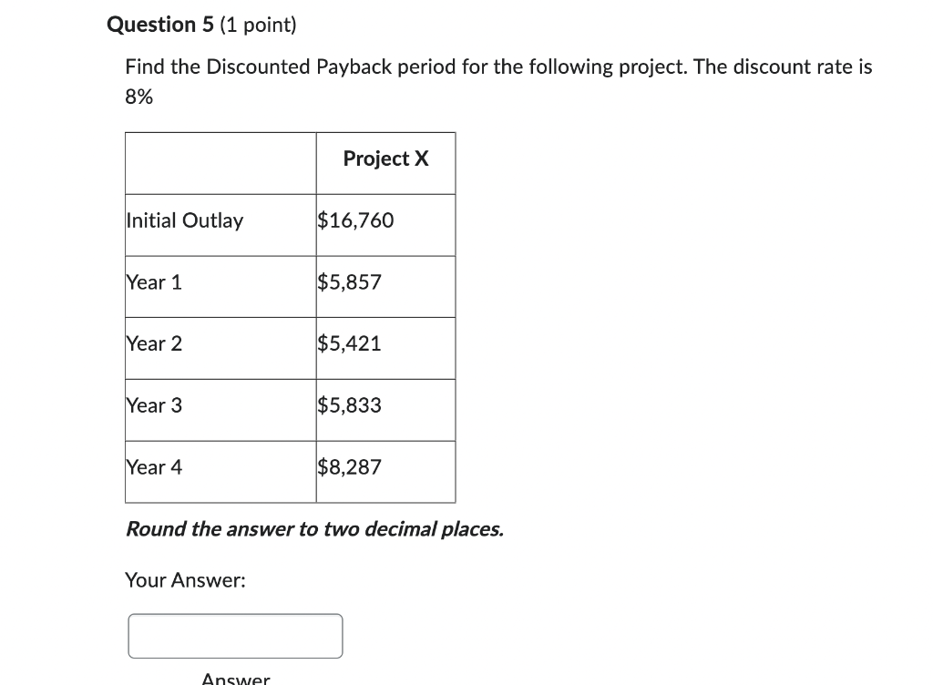 Solved Question 5 (1 point) Find the Discounted Payback | Chegg.com