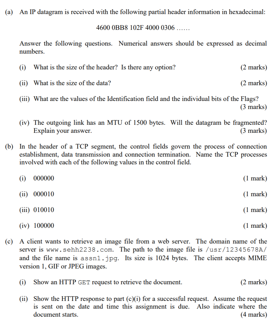 (a) An IP datagram is received with the following | Chegg.com