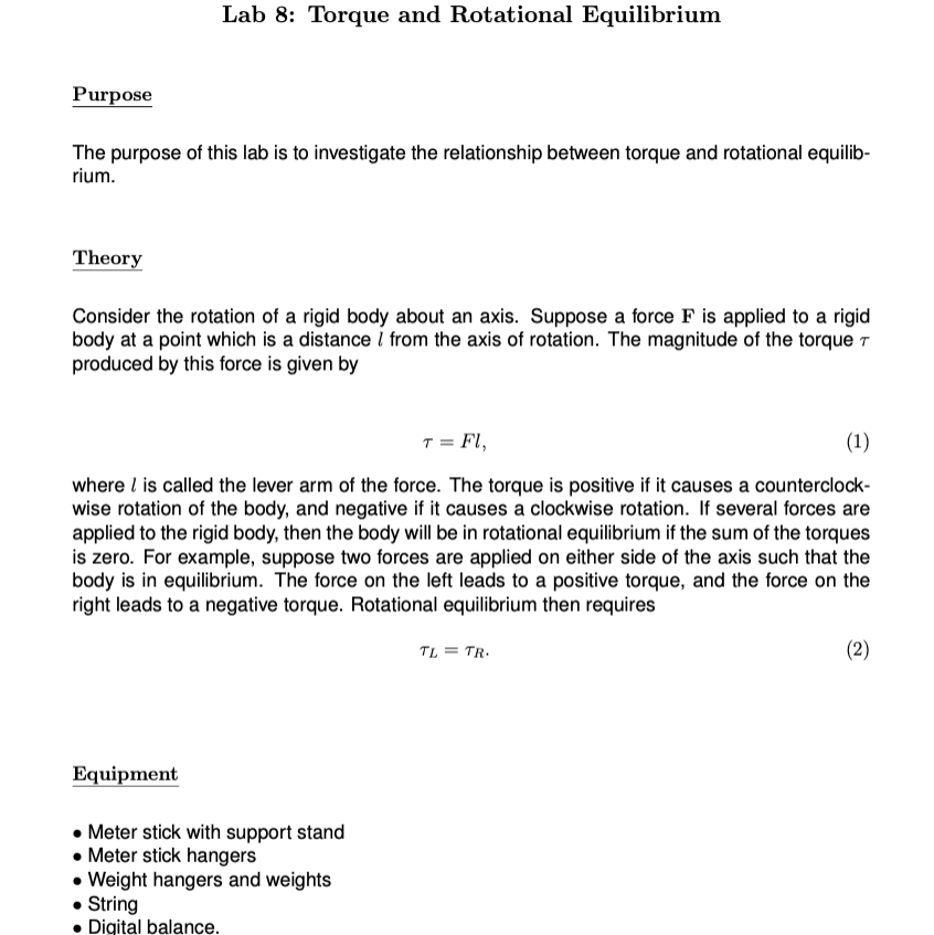 Solved Lab 8: Torque and Rotational Equilibrium Purpose The | Chegg.com