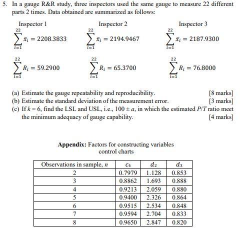 Solved 5. In a gauge R&R study, three inspectors used the | Chegg.com