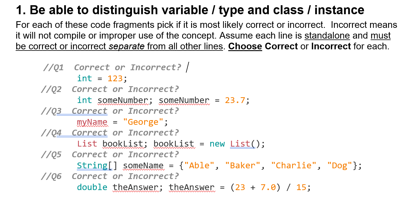 Solved 1. Be able to distinguish variable / type and class / | Chegg.com
