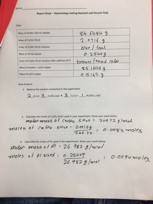 Solved Name: Report Sheet-Determining Limiting Reactant and | Chegg.com