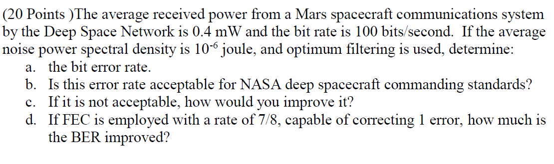 (20 Points )The average received power from a Mars | Chegg.com