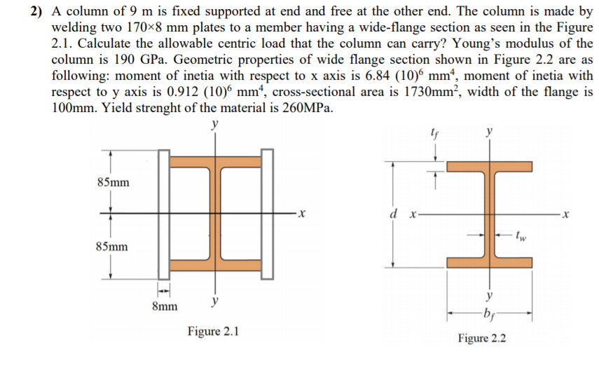 Solved 2) A column of 9 m is fixed supported at end and free | Chegg.com