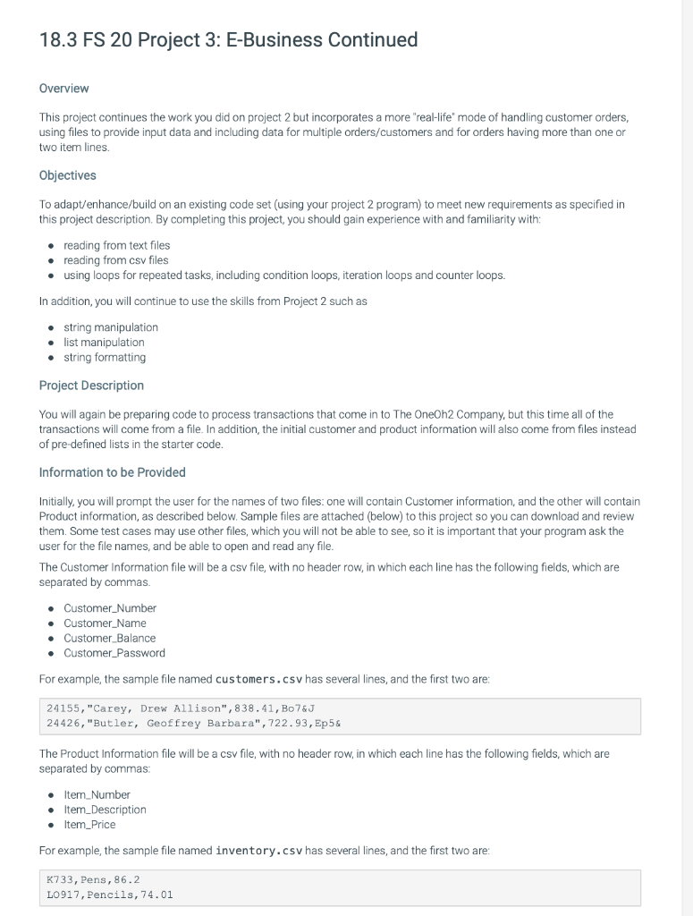 18.3 FS 20 Project 3: E-Business Continued Overview | Chegg.com