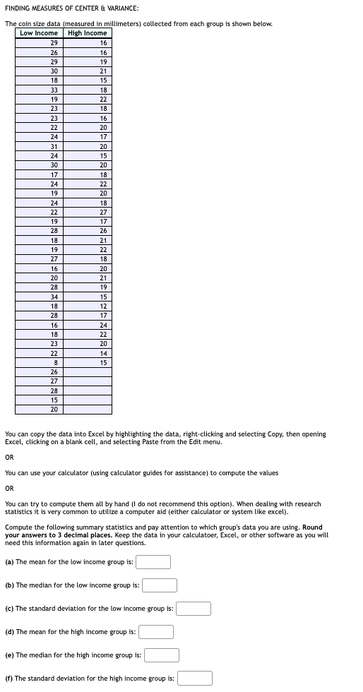 Solved FINDING MEASURES OF CENTER & VARIANCE: The coin size | Chegg.com