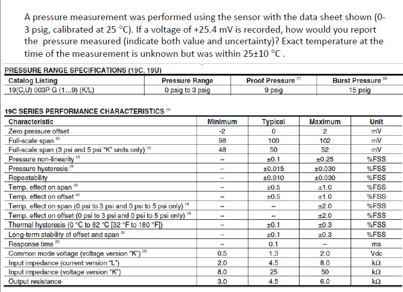 Solved a pressure measurement was performed using the sensor | Chegg.com