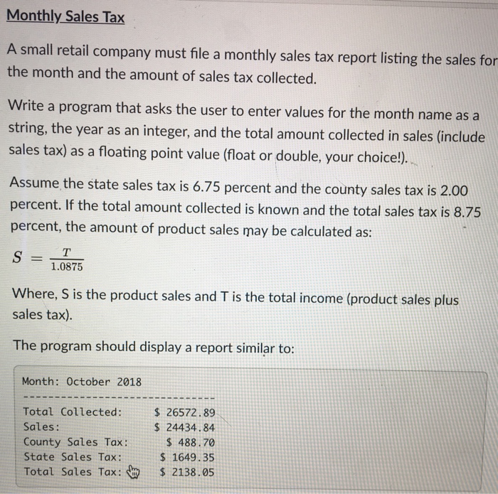 Solved Monthly Sales Tax A small retail company must file a | Chegg.com