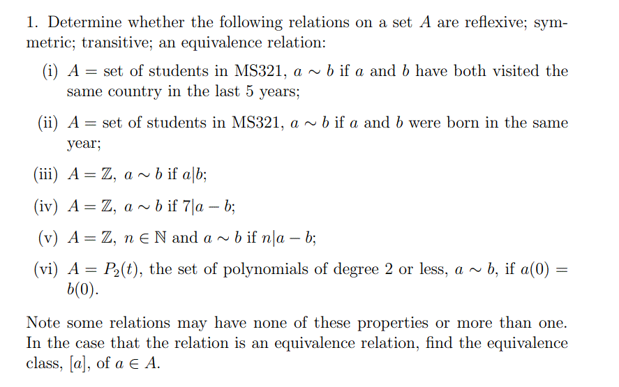 Solved 1. Determine whether the following relations on a set | Chegg.com