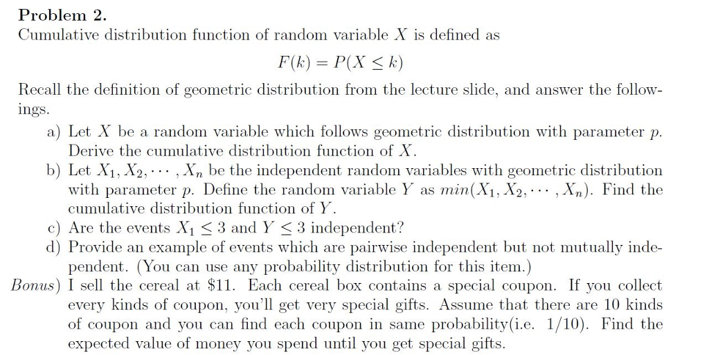 Solved Problem 2. Cumulative distribution function of random | Chegg.com