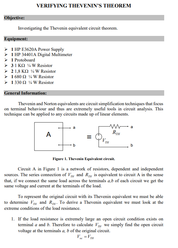 Solved VERIFYING THEVENIN'S THEOREM Objective: Investigating | Chegg.com