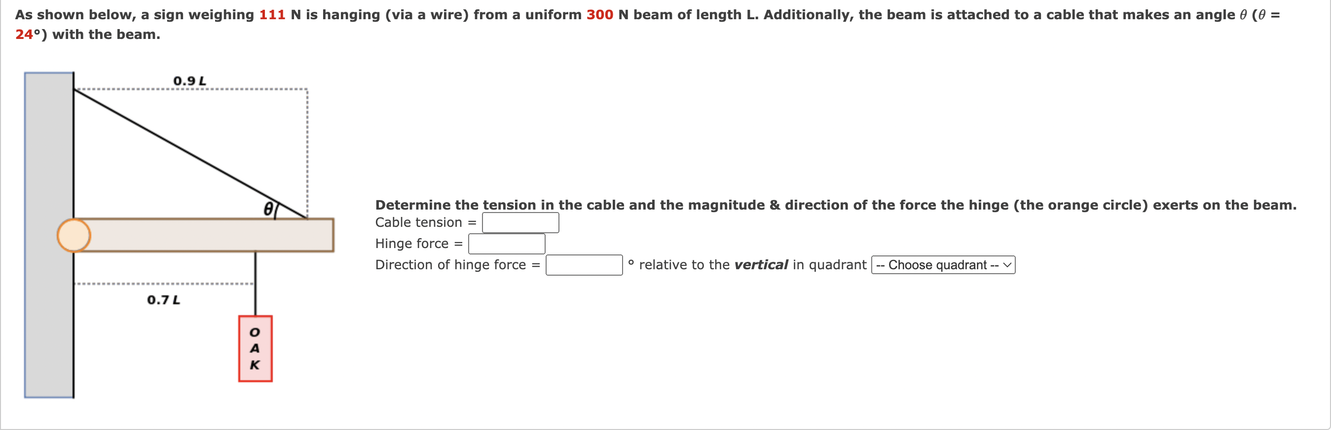 Solved 24° ) ﻿with the beam.Determine the tension in the | Chegg.com