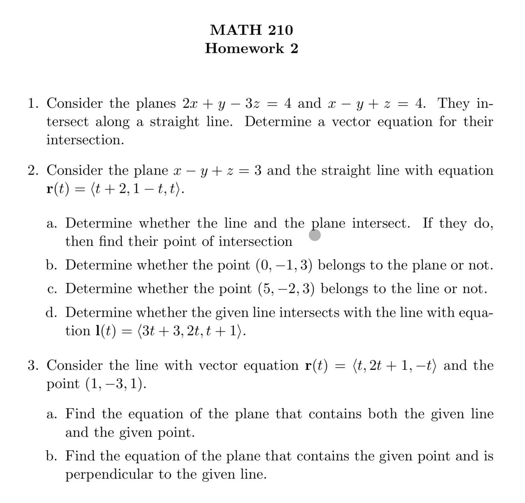 Solved MATH 210Homework 2Consider the planes 2x+y-3z=4 ﻿and | Chegg.com