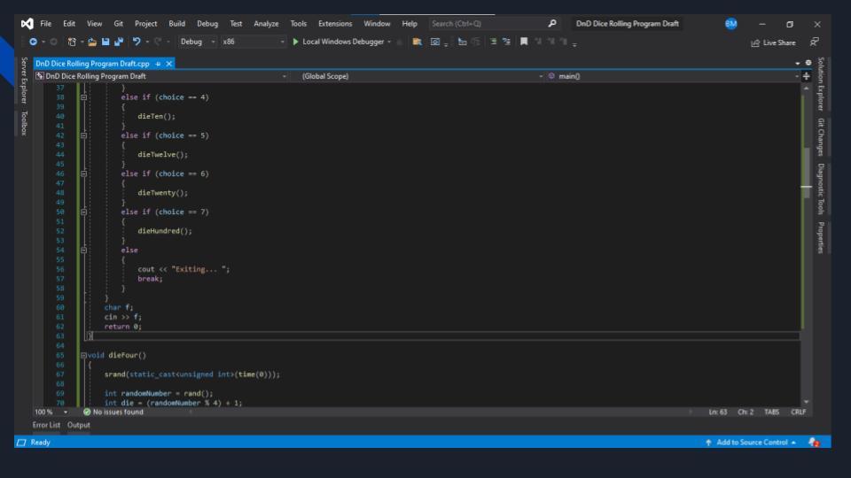 Solved Screenshots of code Ono Dice Rolling Program Delt EM | Chegg.com