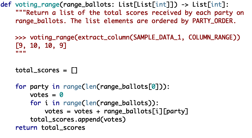 Solved def voting_range(range_ballots: List[List[int]]) -> | Chegg.com