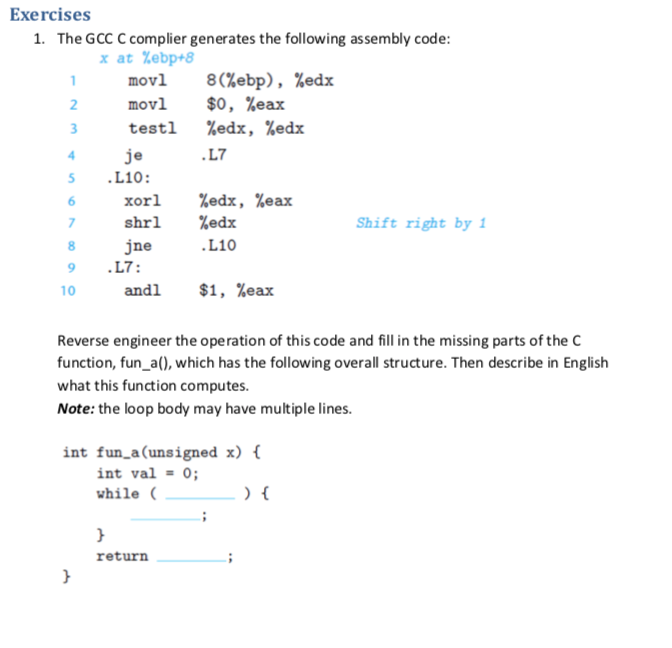 Exercises 1. The GCC C complier generates the | Chegg.com